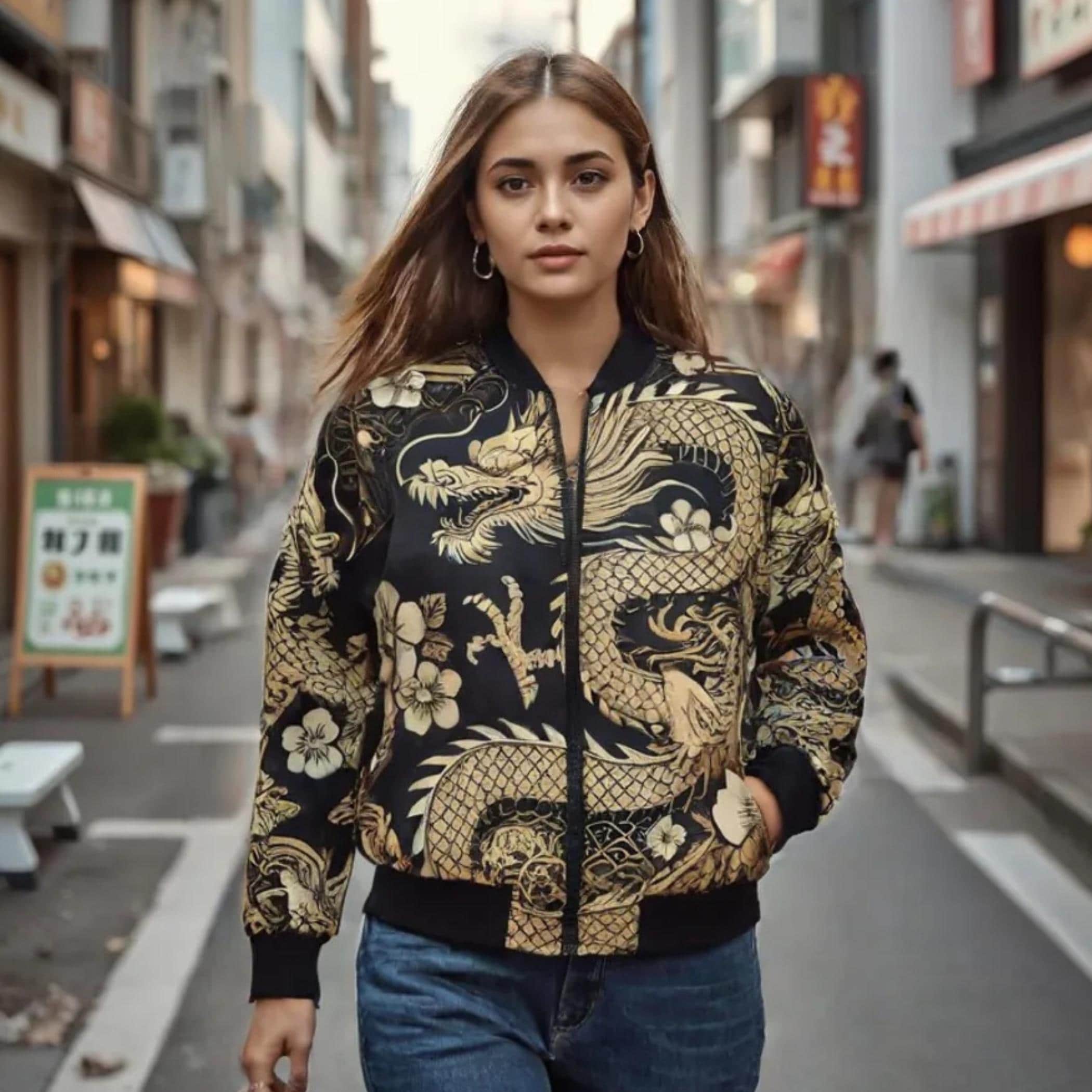 Gold Dragon Bomber Jacket - Japan Streetwear, Y2K Aesthetic, Harajuku ...
