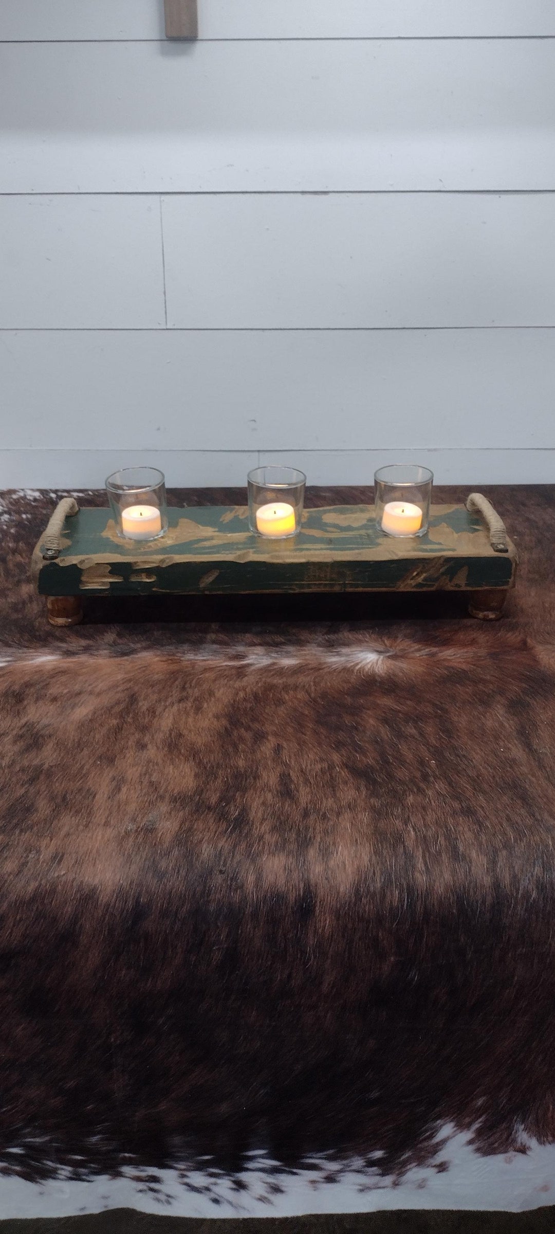 Votive Candle Holder Farmhouse Rustic Riser Tray W/handles Holding 3 ...
