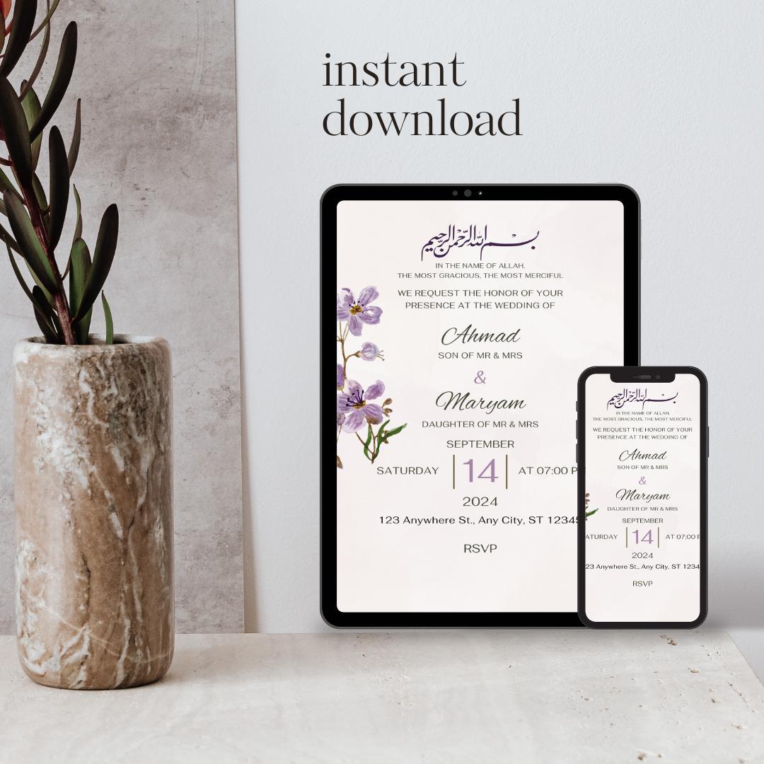 Editable Muslim Wedding Invitation Template Floral Simple Nikkah Shaadi ...