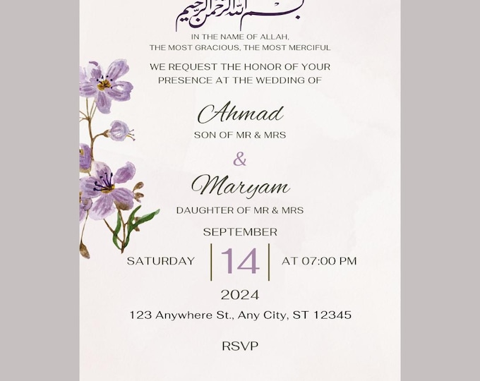 Editable Muslim Wedding Invitation Template Floral Simple Nikkah Shaadi ...