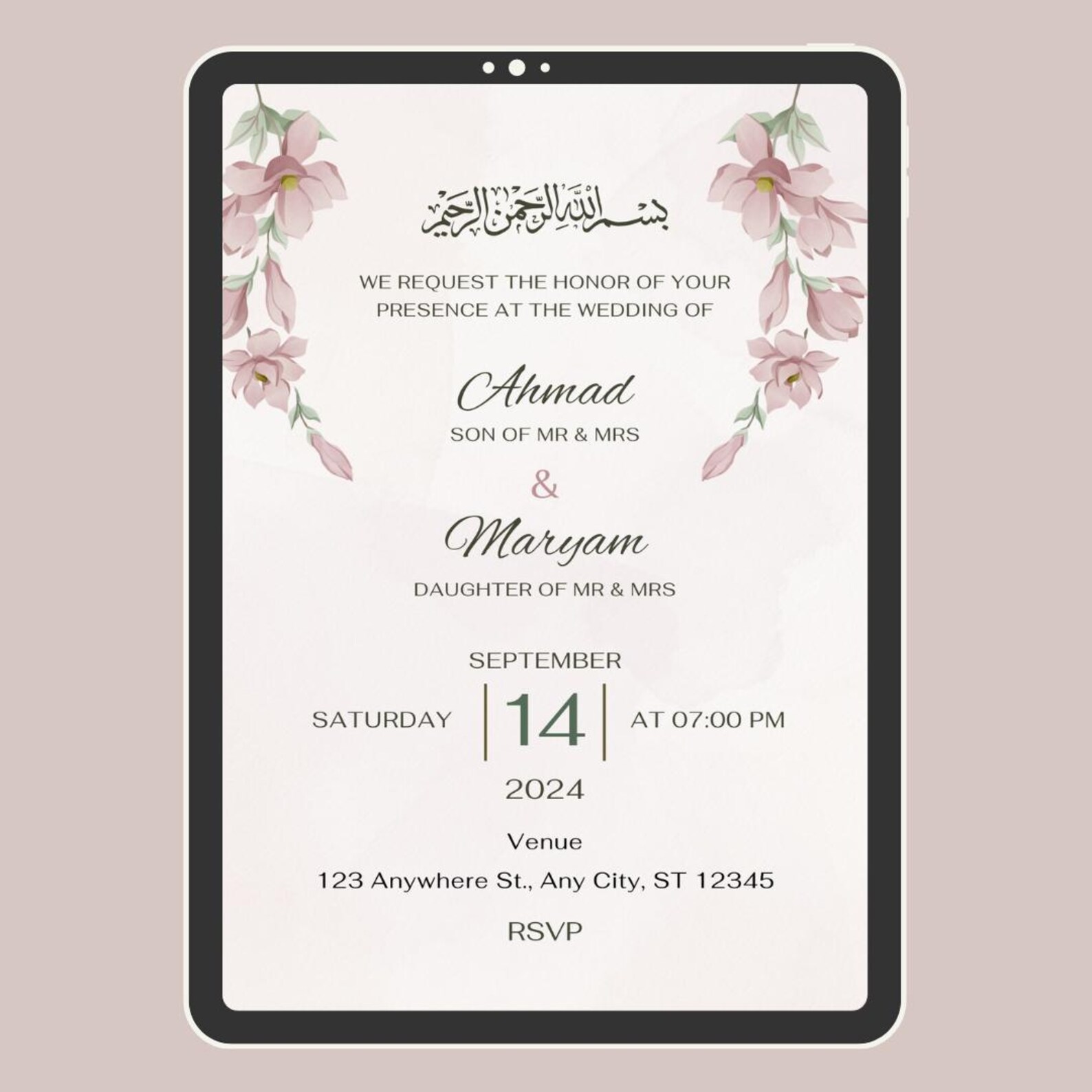 Editable Muslim Wedding Invitation Template Floral Pink Nikkah Shaadi ...