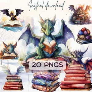 Bookish Dragon Clipart Bundle 20 Pngs, Watercolor Magical Creature Art ...
