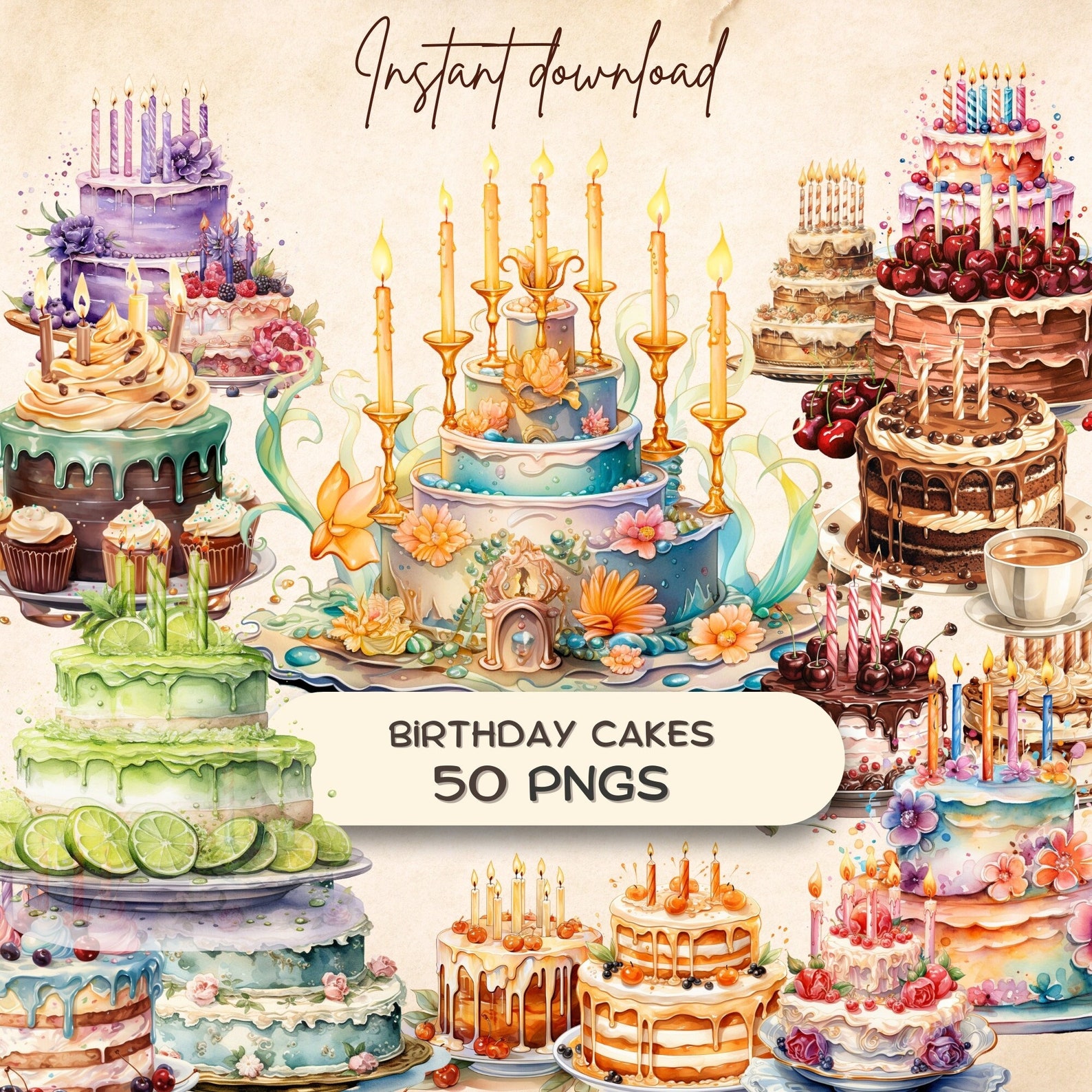 Birthday Cake Clipart Bundle (50 PNG), Sweet Treats, Party Junk Journal ...