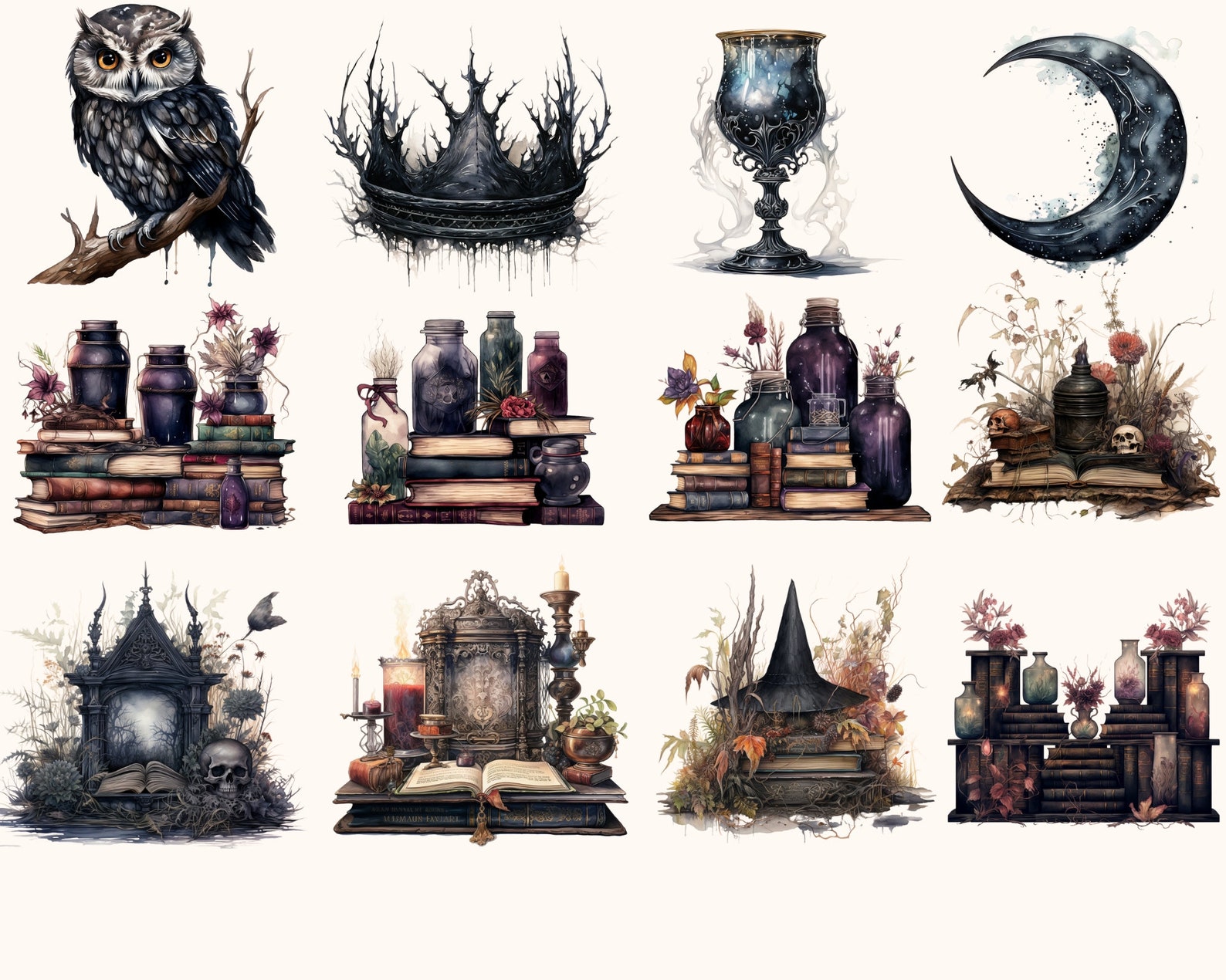 Dark Witch Clipart Bundle 120 PNG, Magic Supplies Fantasy Clipart, Dark ...