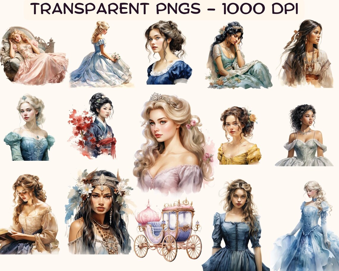 Victorian Fairytale Princess Clipart 50 PNG Watercolor - Etsy
