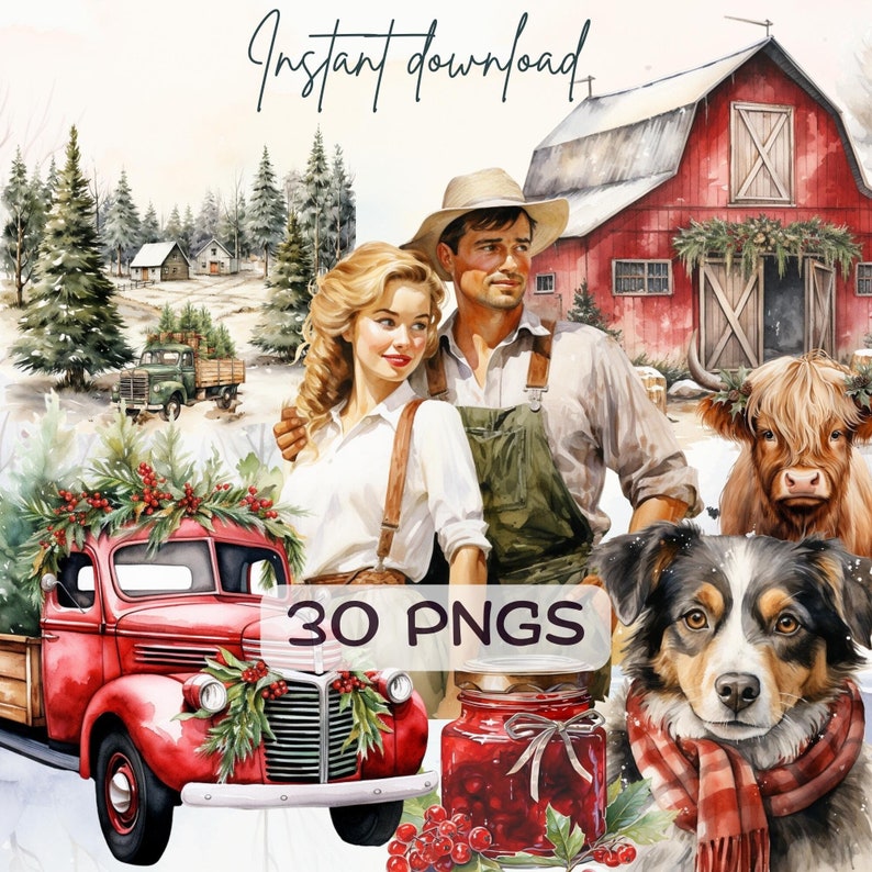 Country Christmas Clipart 30 PNG, Holiday Truck Farm Animals, Ornament ...