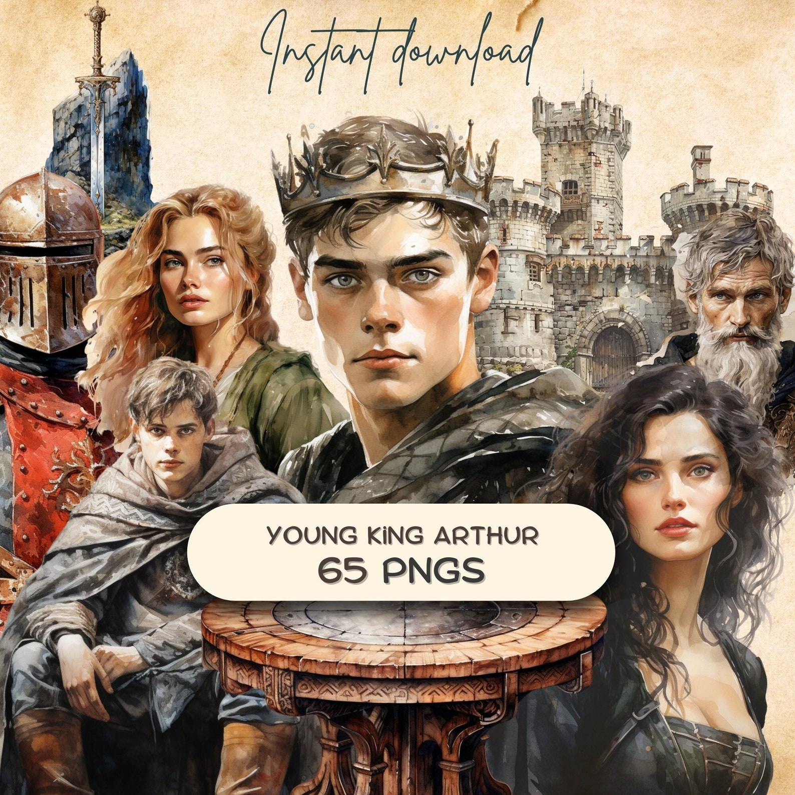 Young King Arthur Clipart Bundle (65 PNG), Camelot Kingdom Knights ...