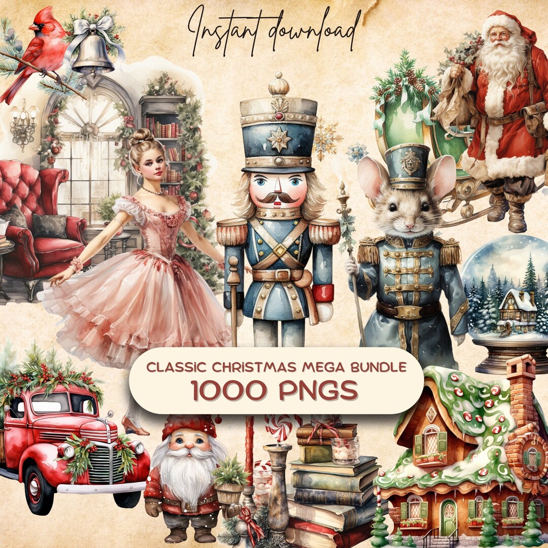 Vintage Christmas MEGA Bundle (1000 PNG) Watercolor Clipart, Holiday ...