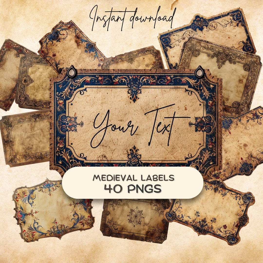 Medieval Label Ephemera Bundle (40 PNG), Printable Middle Ages Supplies ...