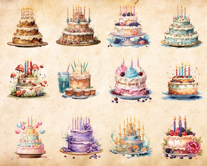 Birthday Cake Clipart Bundle (50 PNG), Sweet Treats, Party Junk Journal ...