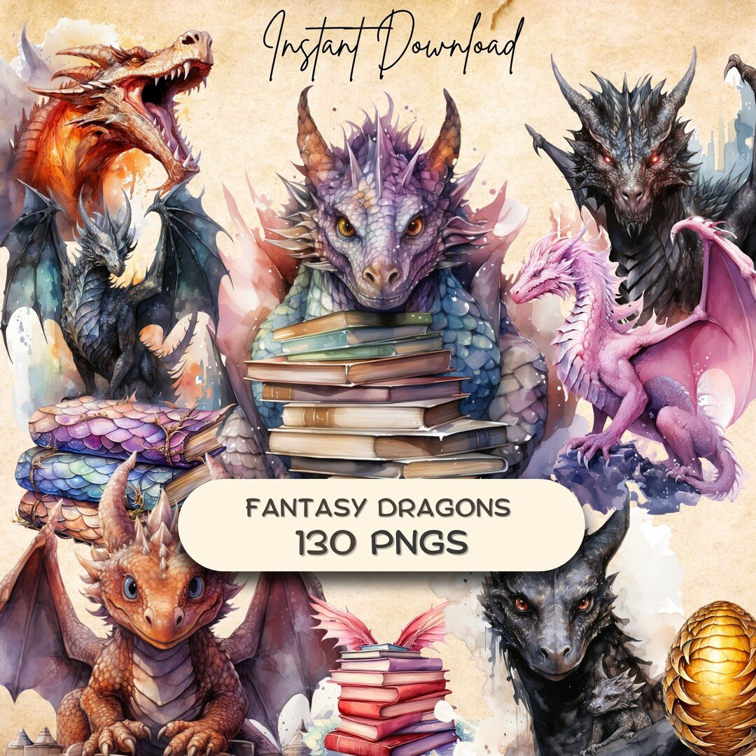 Fantasy Dragon Clipart MEGA Bundle (130 Pngs) - Watercolor Bookish ...