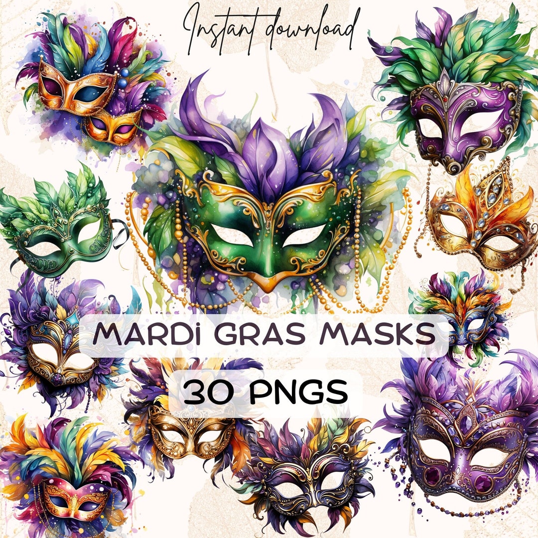 Mardi Gras Masks Clipart Bundle 30 Pngs, New Orleans Carnival Season ...