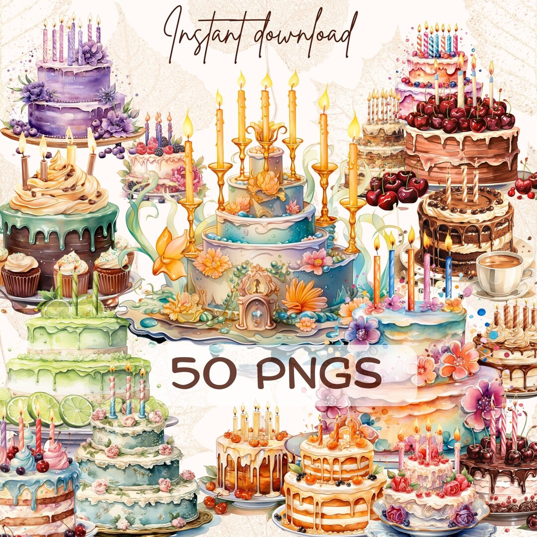 Birthday Cake Clipart Bundle 50 PNG, Sweet Treats, Party Junk Journal ...