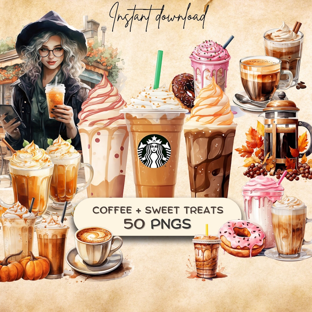 Coffee + Sweet Treats Clipart Bundle (50 PNG), PSL, Iced Latte ...