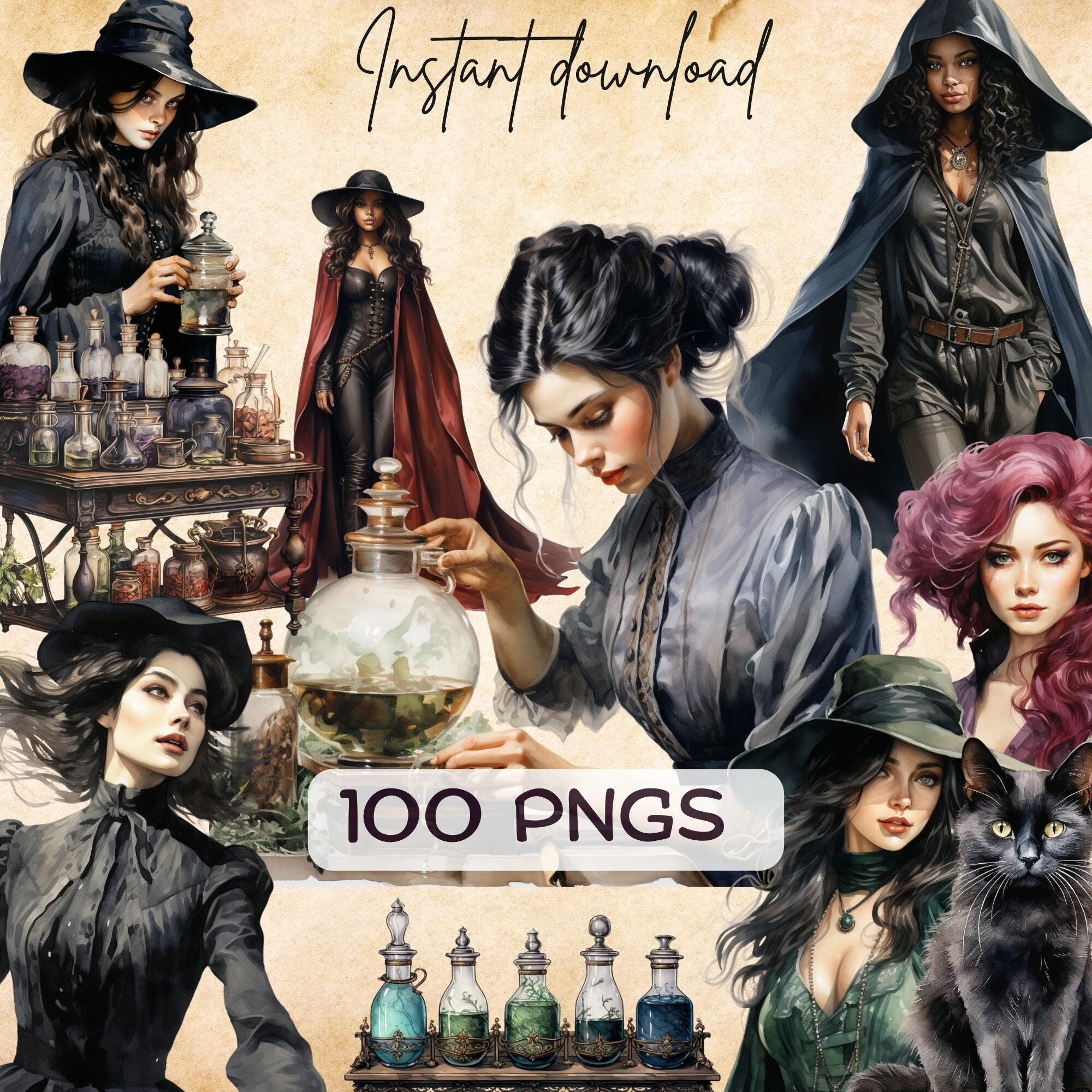 Victorian Witchy Women Clipart 100 PNG, Dark Academia, Gothic Feminist ...