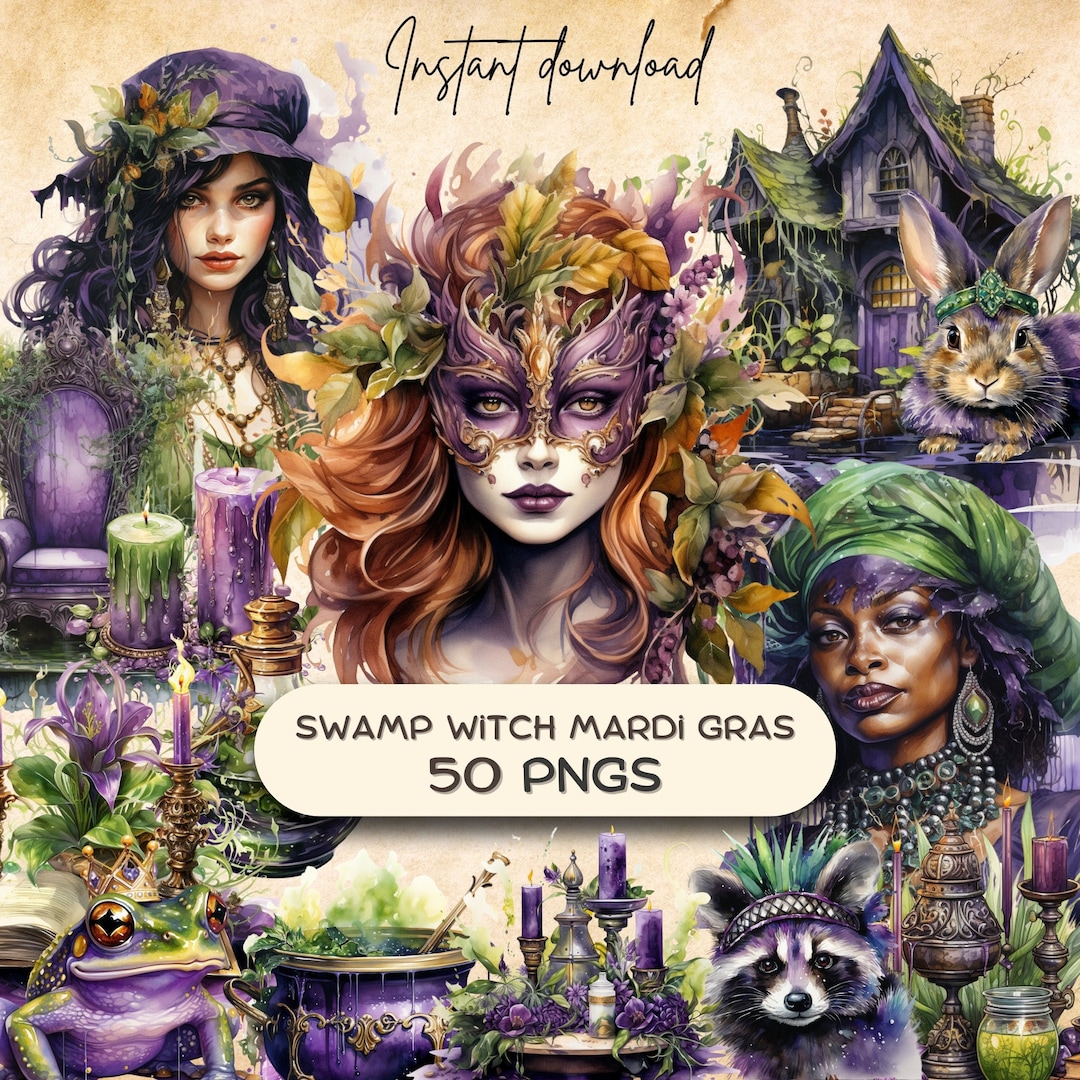 NOLA Swamp Witch Clipart Bundle (50 Pngs), Fantasy Carnival Season ...