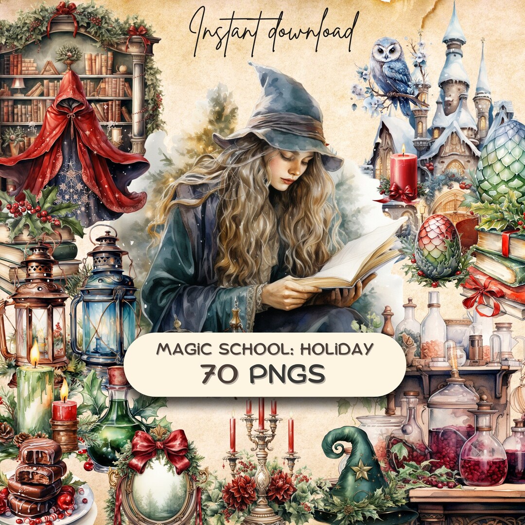 Christmas Magic School Clipart (70 Pngs), Wizard Supplies, Holiday Dark ...