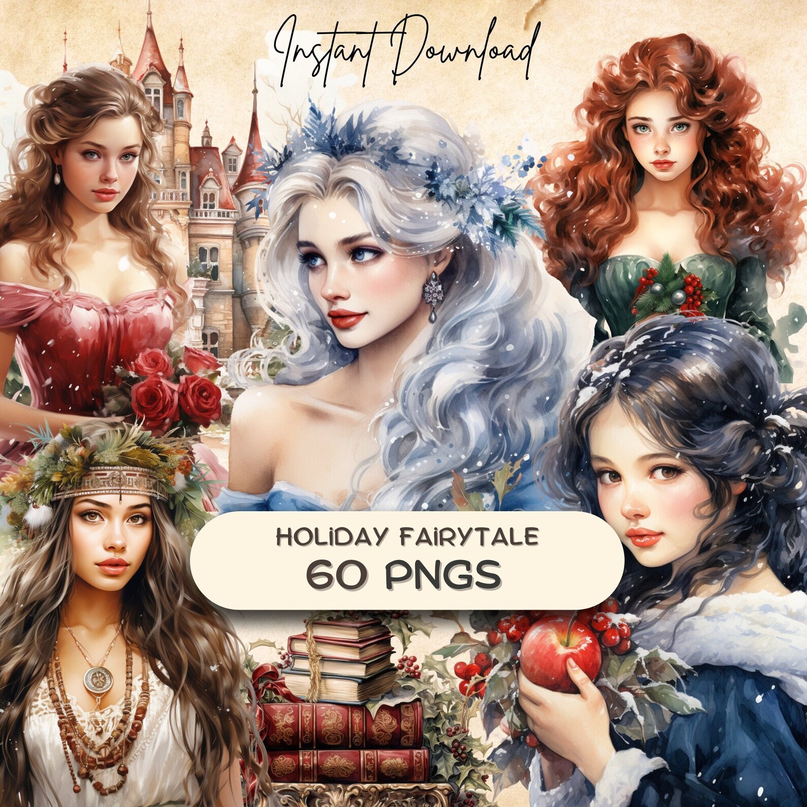 Holiday Victorian Fairytale Princess Clipart (60 PNG), Watercolor ...