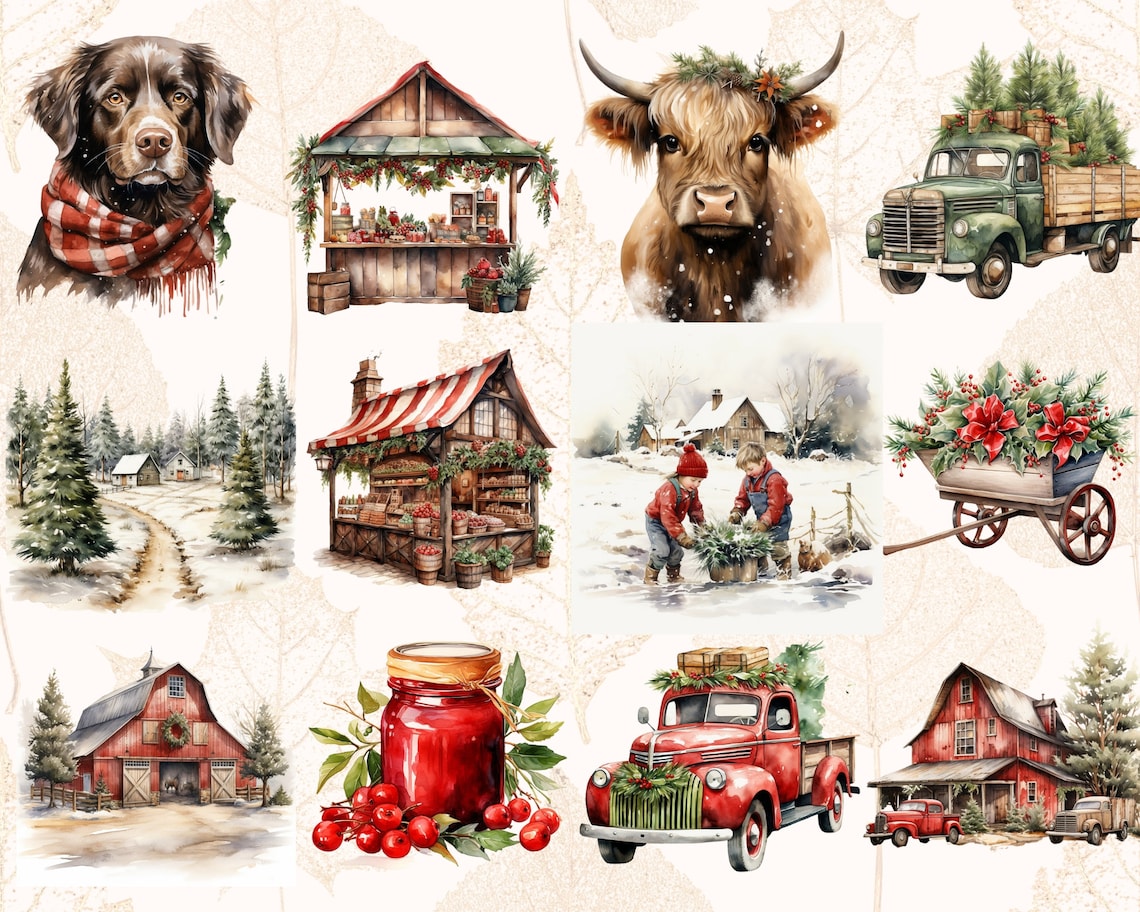 Country Christmas Clipart 30 PNG, Holiday Truck Farm Animals, Ornament ...