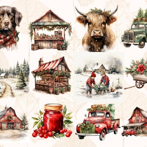 Country Christmas Clipart (30 PNG), Holiday Truck Farm Animals ...