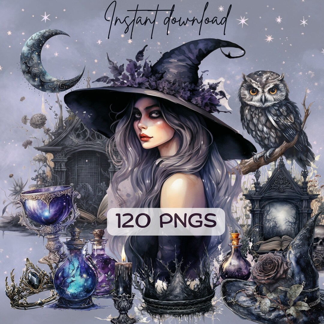 Dark Witch Clipart Bundle 120 PNG, Magic Supplies Fantasy Clipart, Dark ...