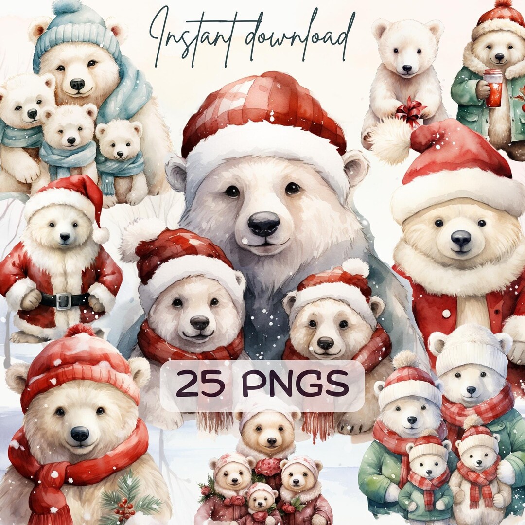 Christmas Wildlife Polar Bear Clipart 25 Pngs Watercolor - Etsy