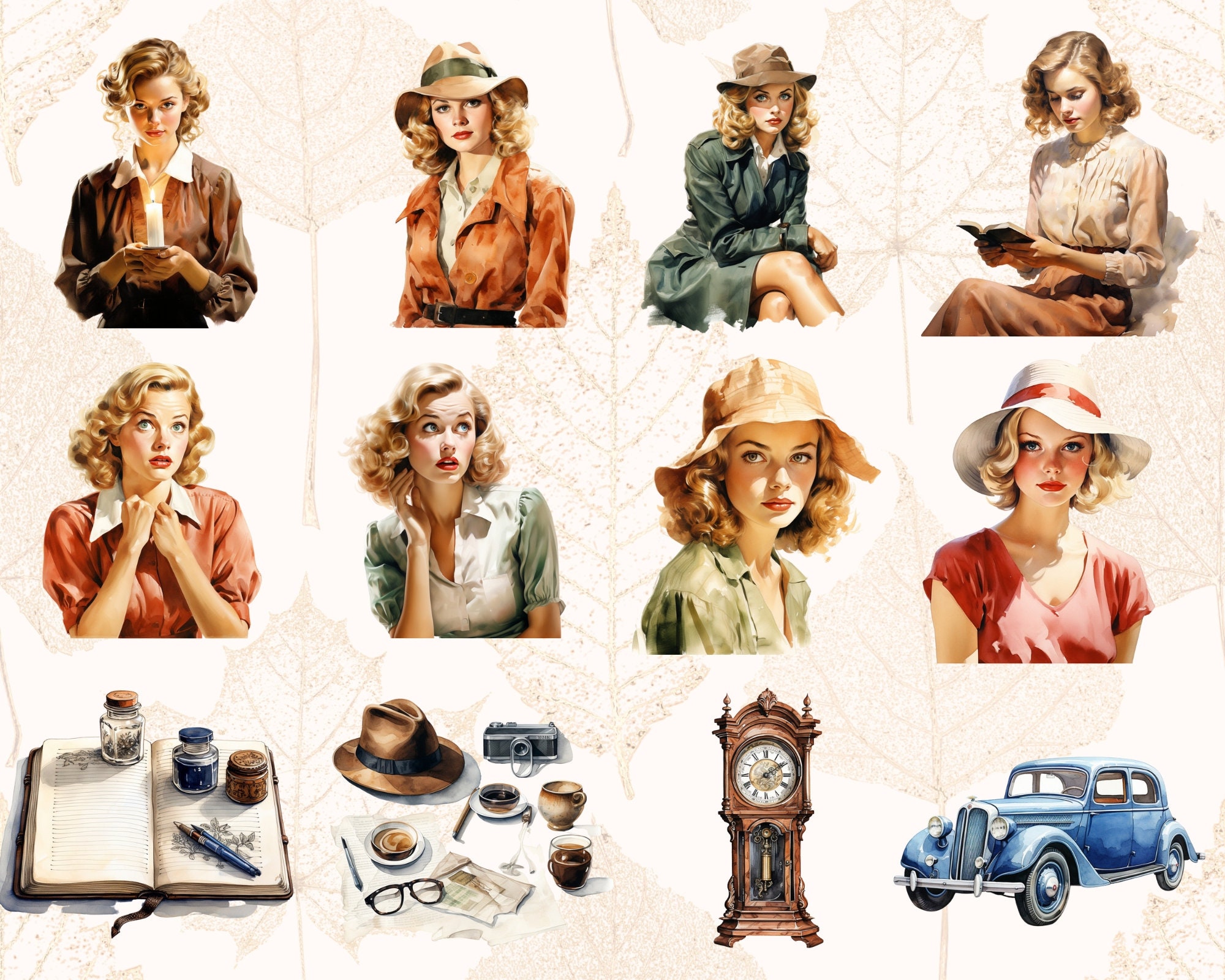 Vintage Female Detective Clipart 40 PNG, Retro 30s Noir Bundle ...