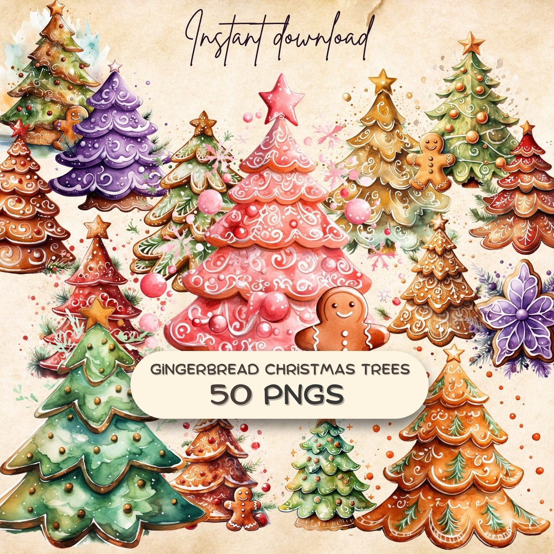Gingerbread Christmas Tree Clipart Bundle (50 PNG), Watercolor Holiday ...