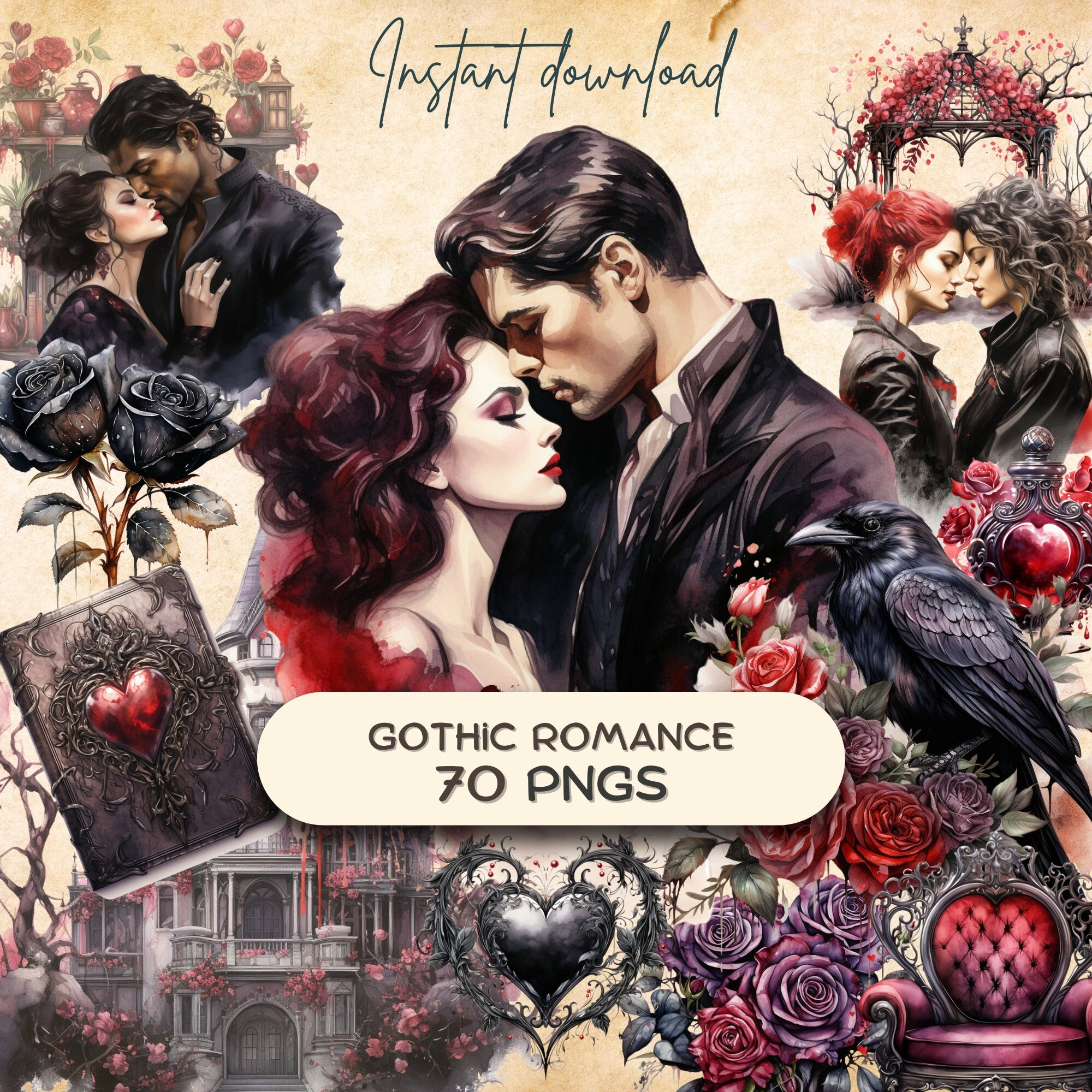 Gothic Romance Clipart Bundle (70 PNG), Dark Fantasy Love, Romantasy ...