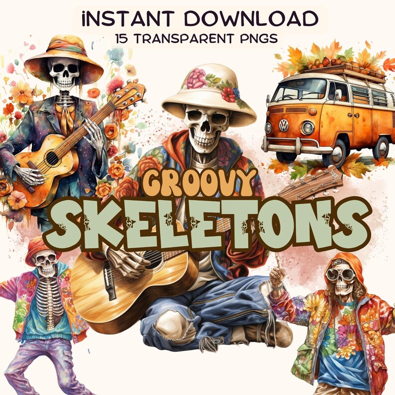 Retro Groovy Skeleton Pngs Clipart, 1970s Watercolor Halloween, Vintage ...