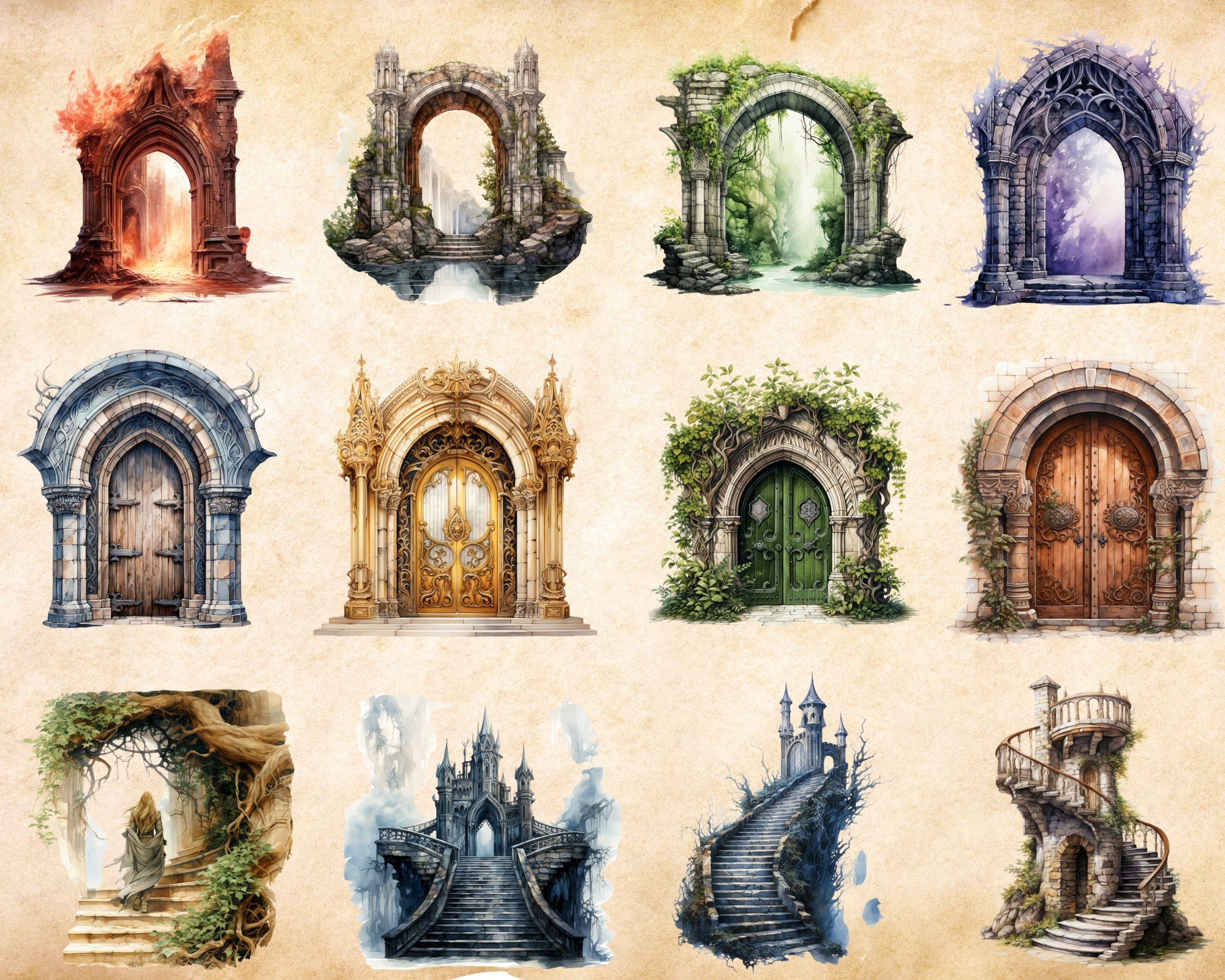 Fantasy Doors + Staircases Clipart Bundle (50 PNG), Fantasy Romance ...