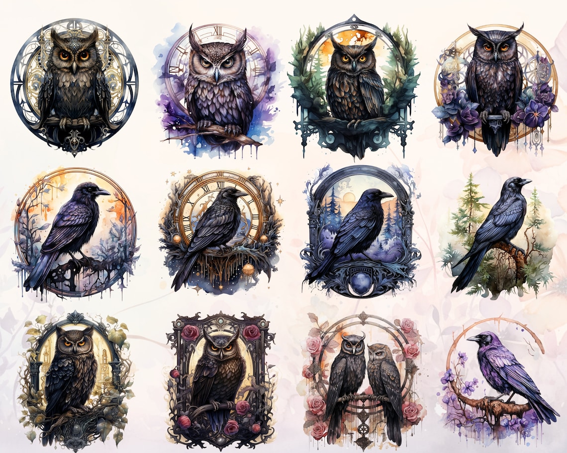 Raven + Owl Emblems Clipart (20 Pngs), Watercolor Magic Creature Art ...