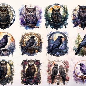 Raven + Owl Emblems Clipart (20 Pngs), Watercolor Magic Creature Art ...