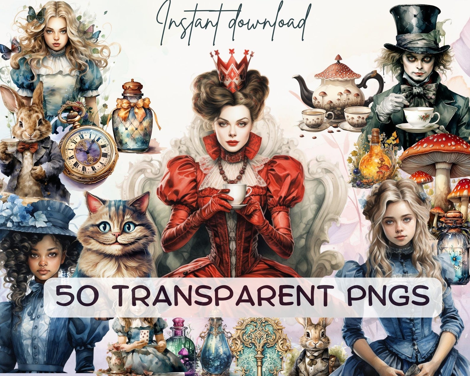 Watercolor Alice in Wonderland Clipart 50 PNG Victorian - Etsy