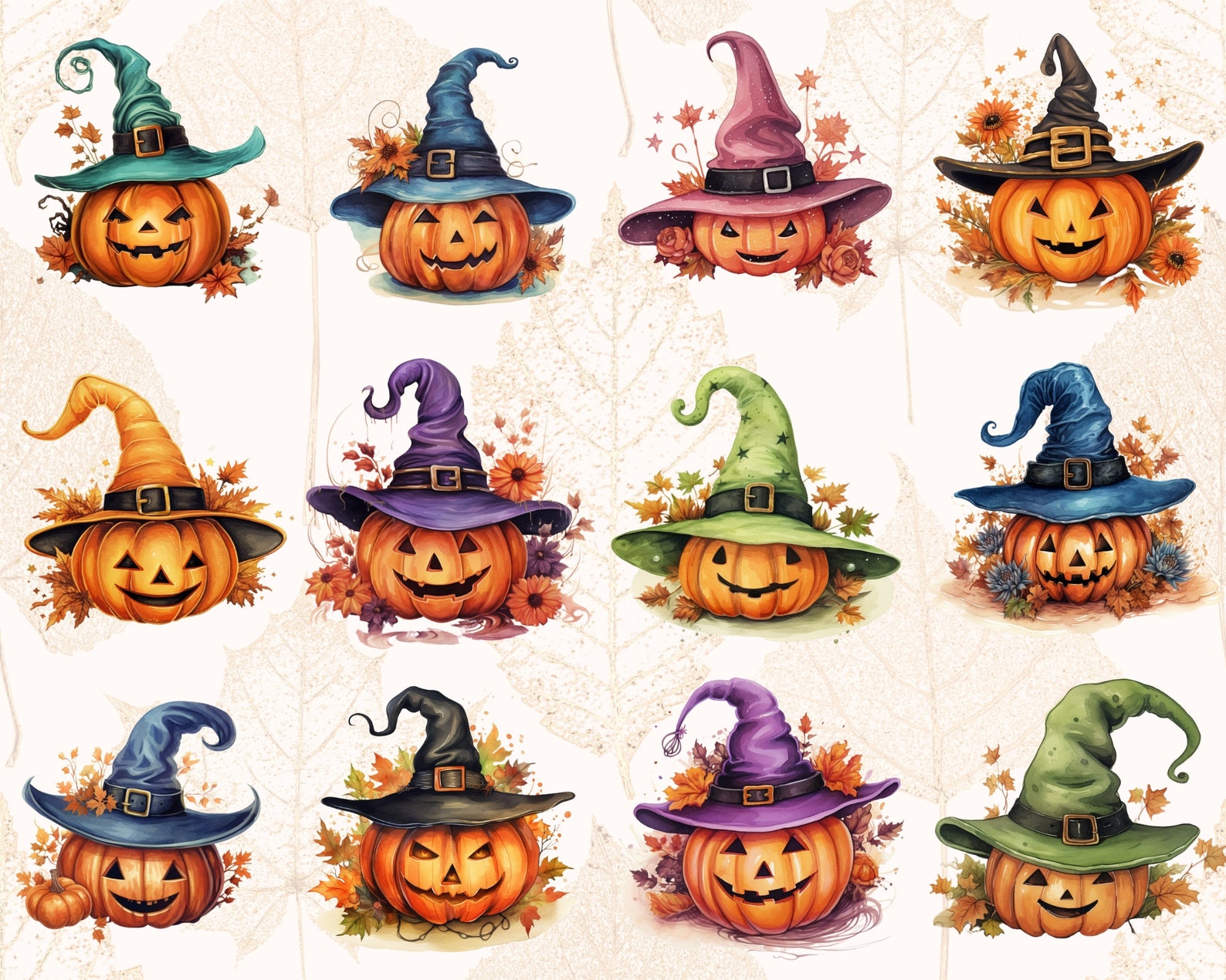 Fall Pumpkin Faces Witch Hats 25 Pngs, Clipart Bundle, Printable Junk ...