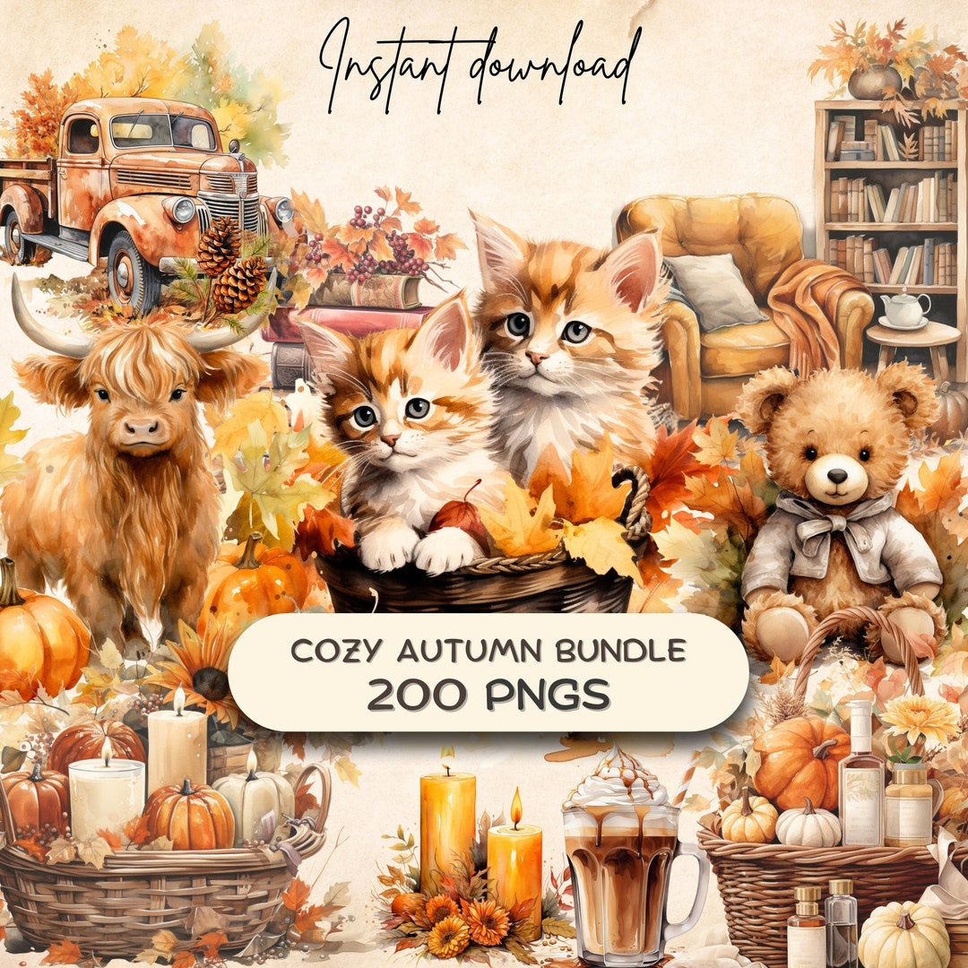 Cozy Autumn Clipart Mega Bundle (200 PNG), Fall Fantasy Graphics, Junk ...