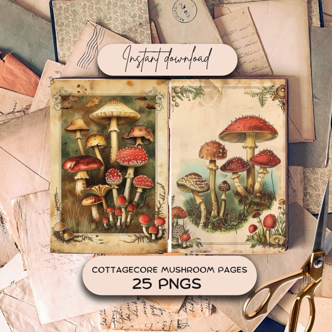 Vintage Mushroom Junk Journal Pages (25 PNG), Cottagecore Scrapbooking ...