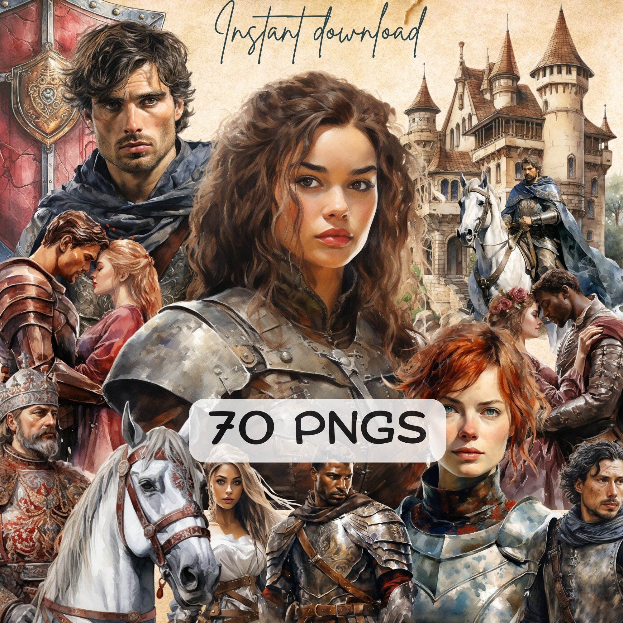 Medieval Knights Clipart Bundle 70 PNG, Fantasy Romance Scrapbooking, Fairytale Kingdom Graphics ...