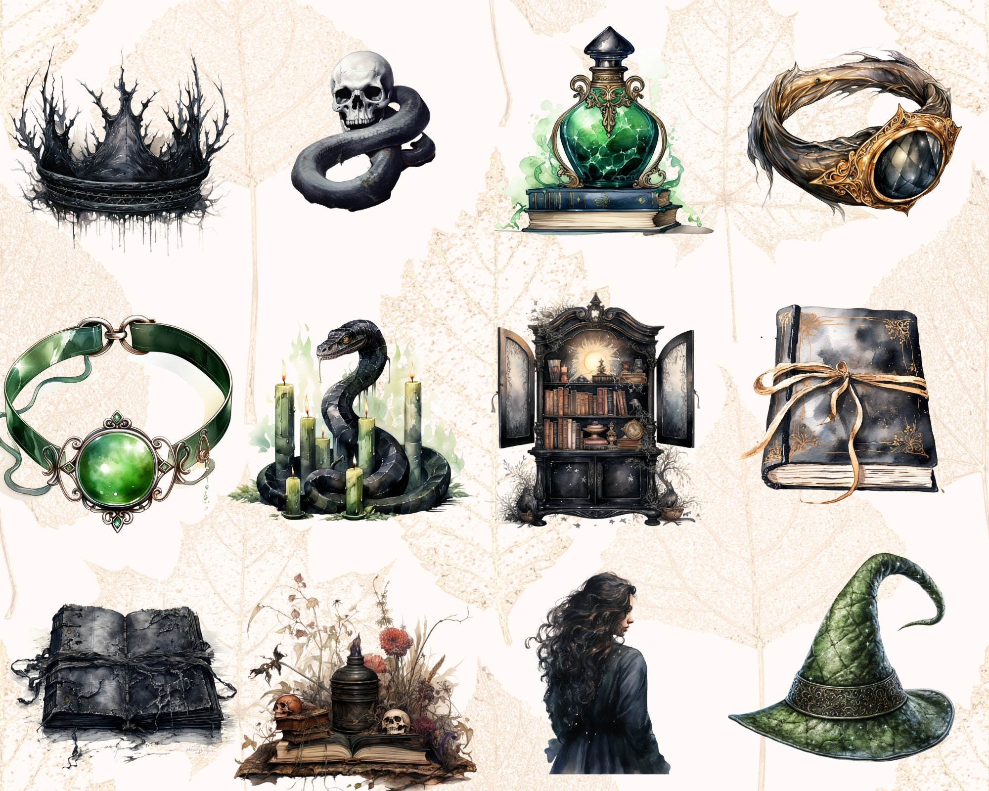 Magic School: Dark Arts Bundle (130 Pngs), Wizard Supplies, Watercolor ...