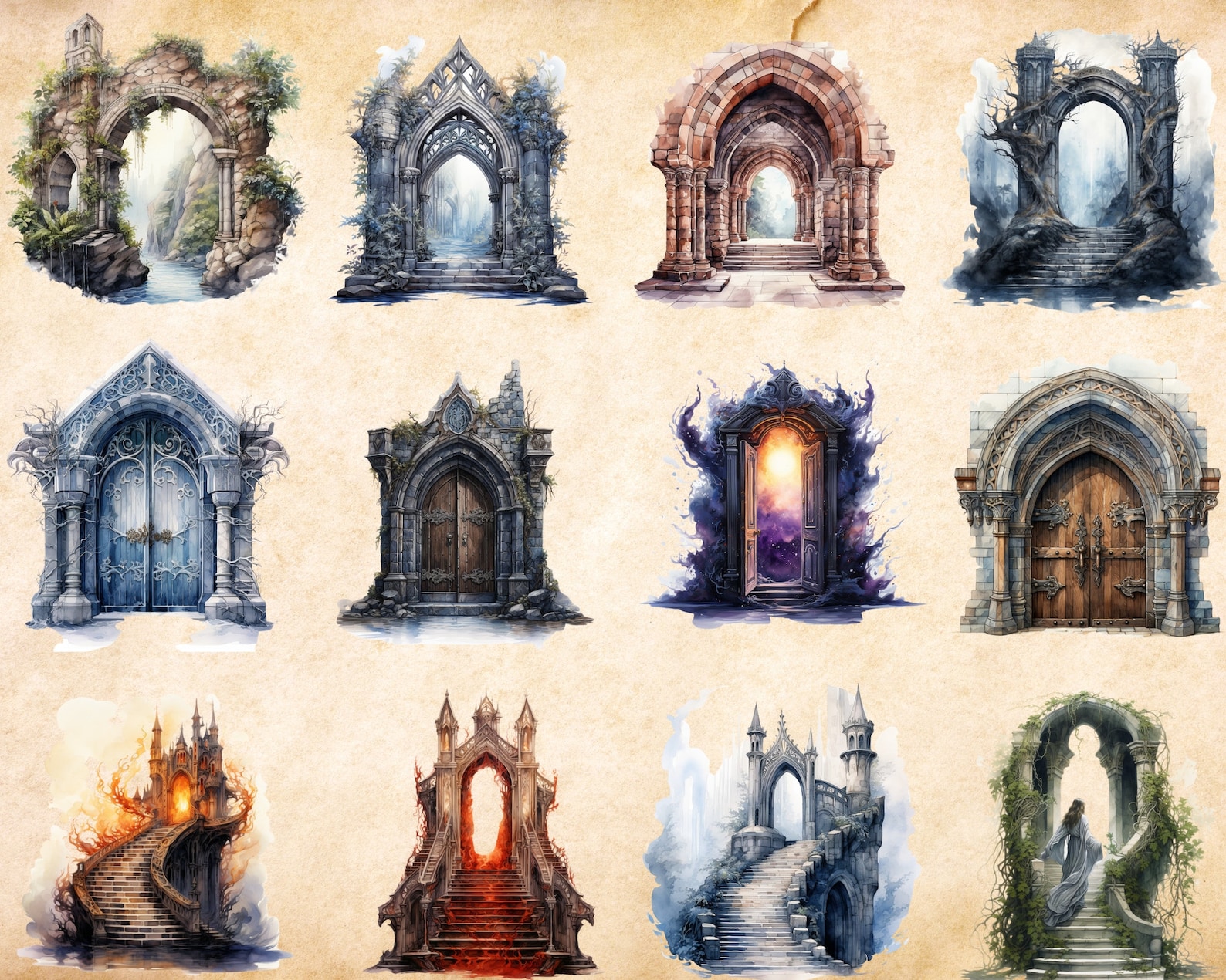 Fantasy Doors + Staircases Clipart Bundle (50 PNG), Fantasy Romance ...