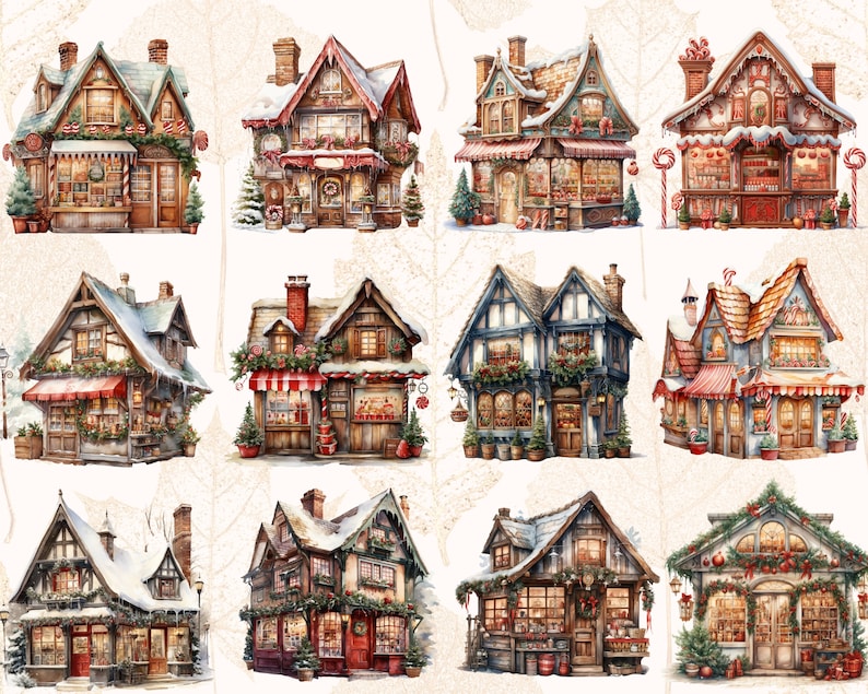 Christmas Village Shop Fronts (20 Pngs), Holiday Season Clipart, Mini ...