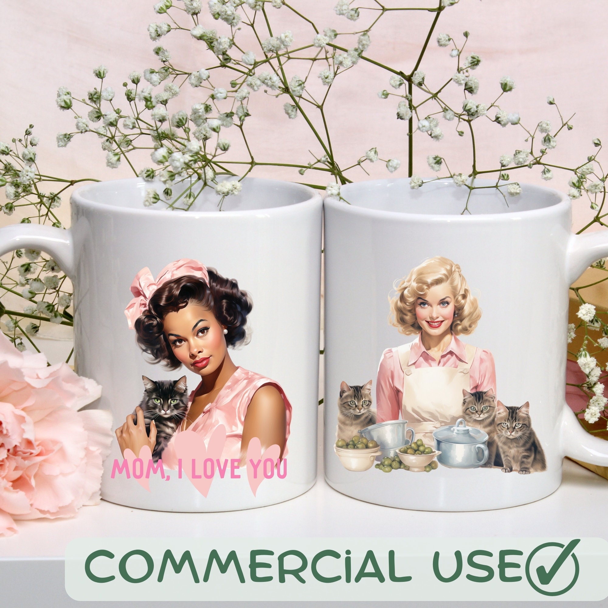 50s Cat Mom Clipart Bundle 20 Pngs, Retro Mid-century Women, Vintage ...