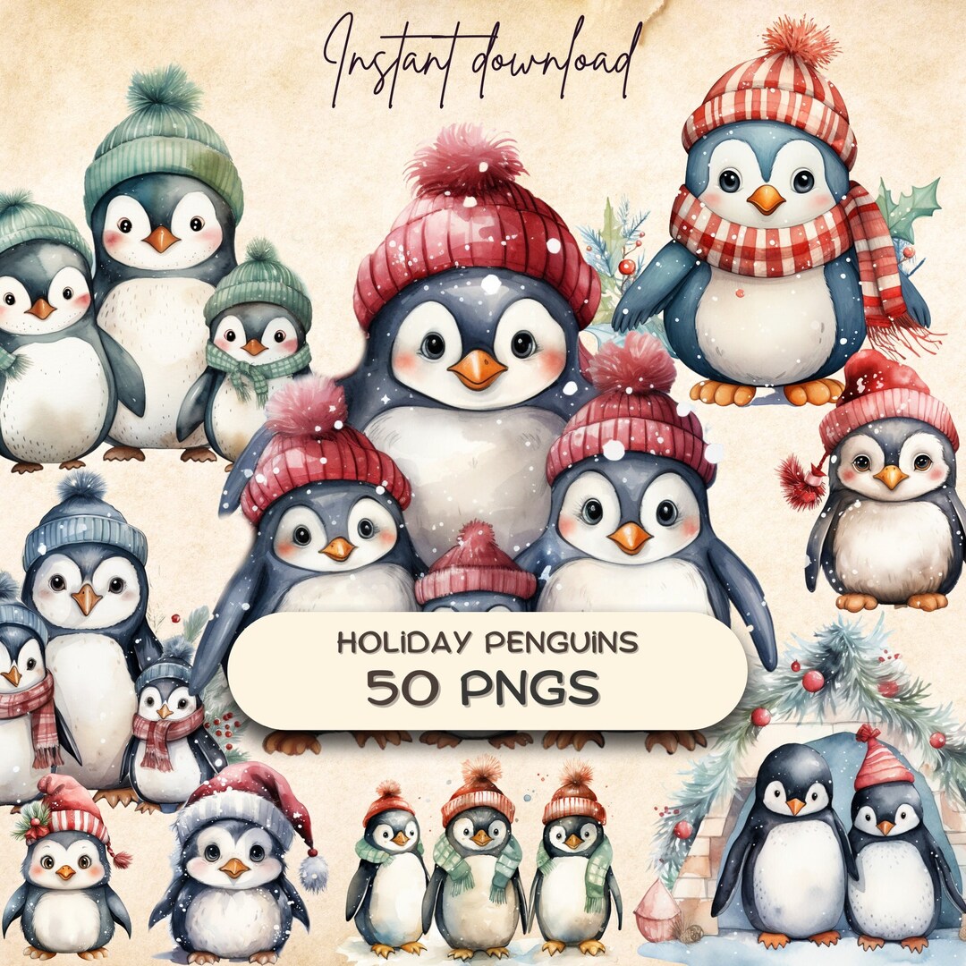 Holiday Winter Penguin Pngs (25), Watercolor Christmas Season Clipart ...