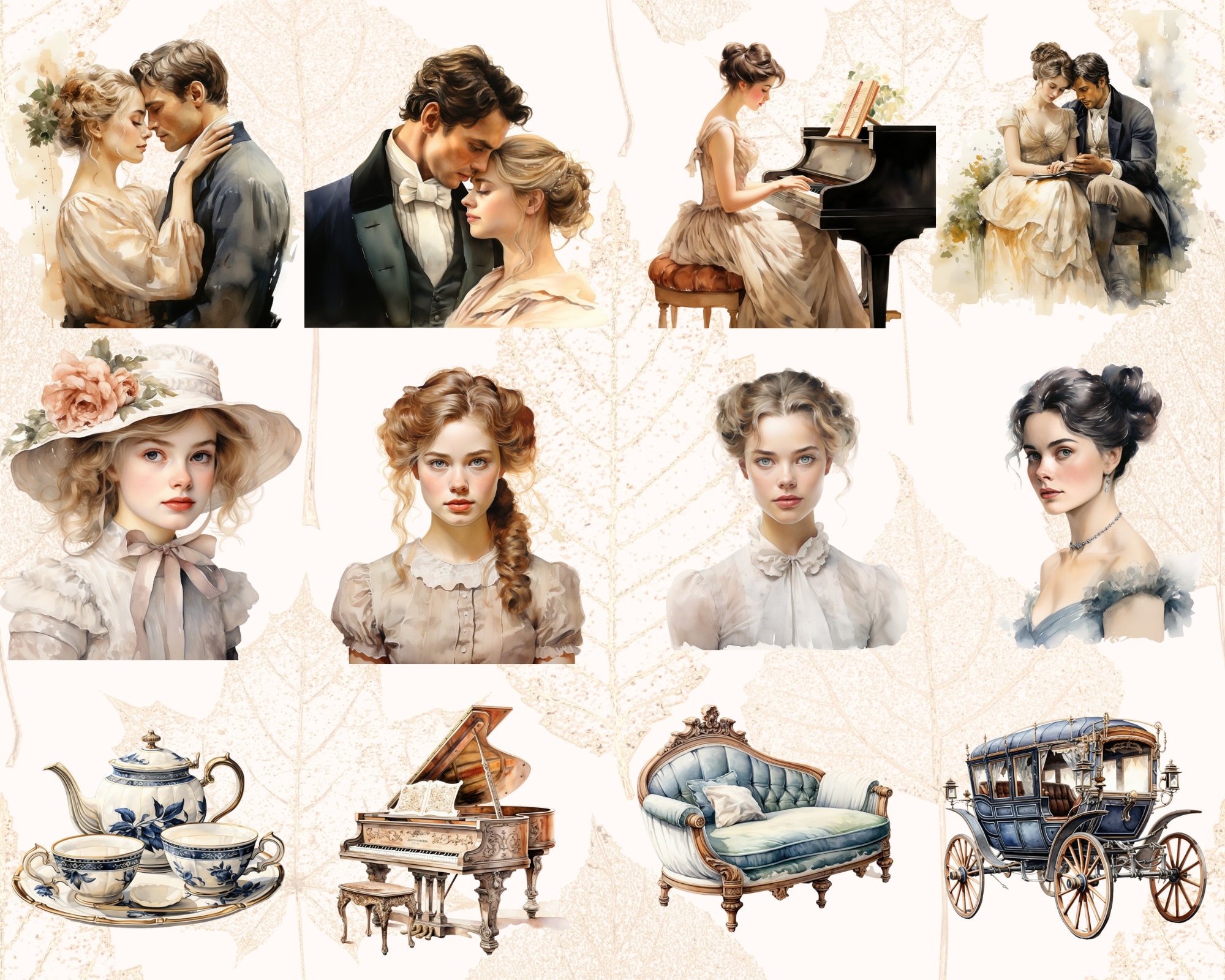 Jane Austen's "emma" Victorian Clipart (60 PNG), Literary Romance Junk ...