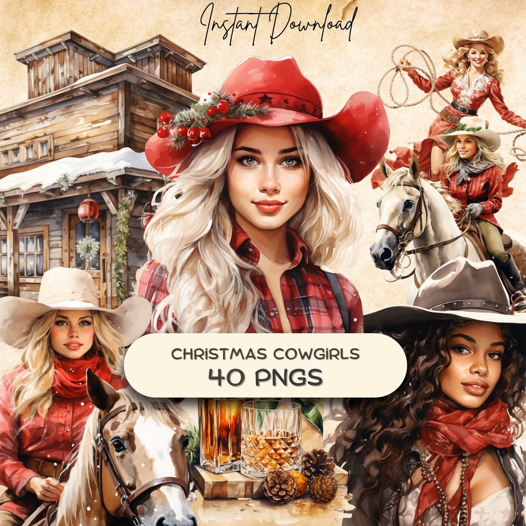 Western Christmas Cowgirl Clipart (40 Pngs), Watercolor Xmas Bundle ...