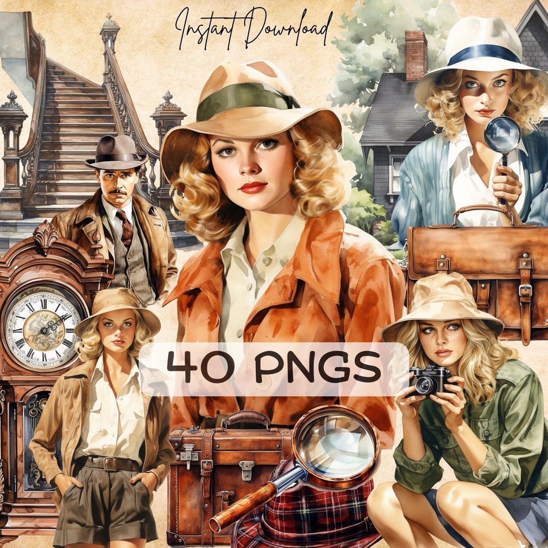 Vintage Female Detective Clipart 40 PNG, Retro 30s Noir Bundle ...