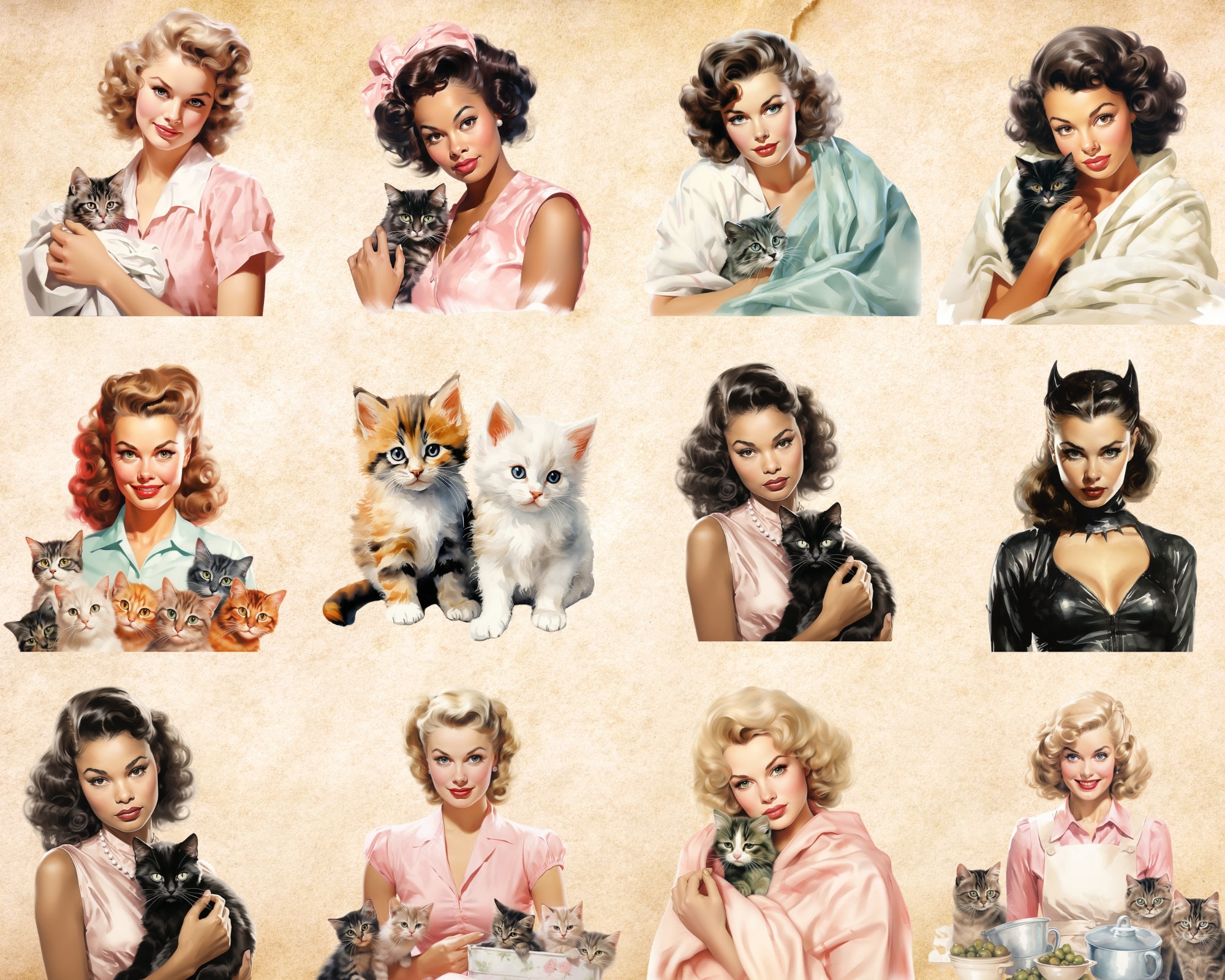 50s Cat Mom Clipart Bundle 20 Pngs, Retro Mid-century Women, Vintage ...