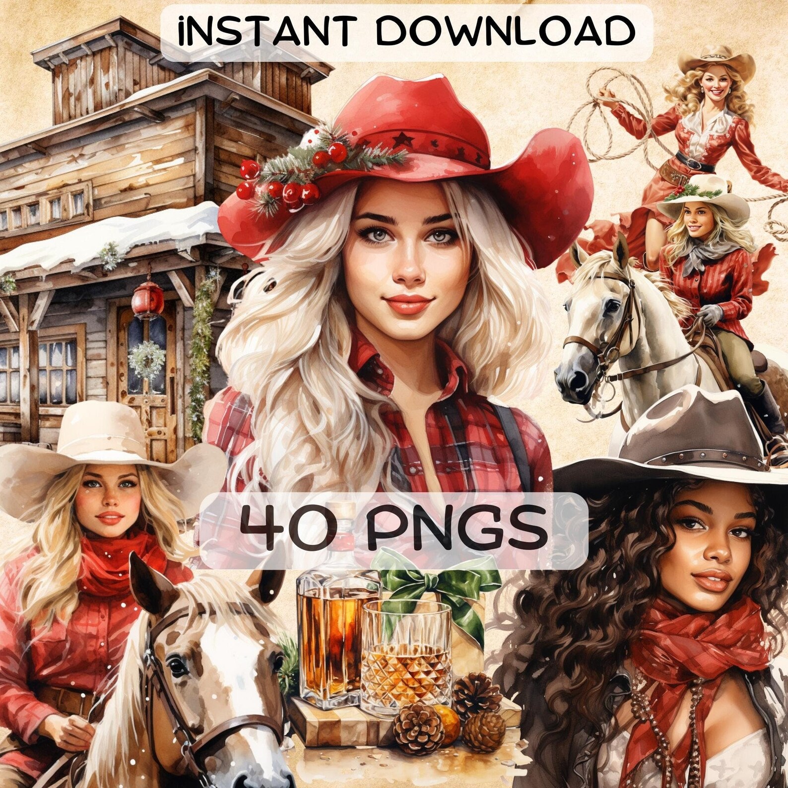 Western Christmas Cowgirl Clipart 40 Pngs, Watercolor Xmas Bundle ...
