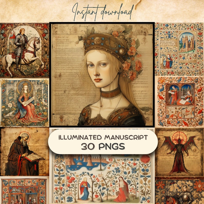 Medieval Illuminated Manuscript Clipart Bundle (30 PNG), Fantasy ...