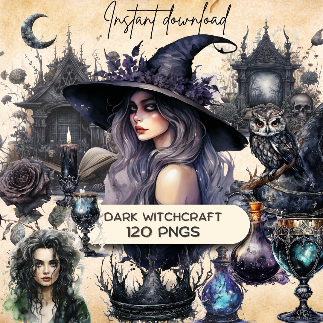 Dark Witch Clipart Bundle (120 PNG), Magic Supplies Fantasy Clipart ...
